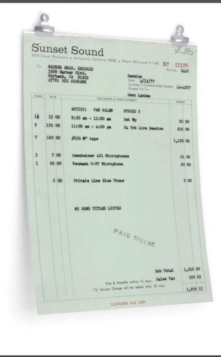 Van Halen/Sunset Sound Studio 2 Receipt from 1977 | full in bloom